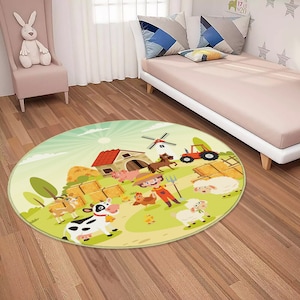 Farm Nursery Rug, Farm House Pattern Kids Area Rug, Happy Farm Animals ...