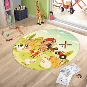 Farm Nursery Rug, Farm House Pattern Kids Area Rug, Happy Farm Animals ...