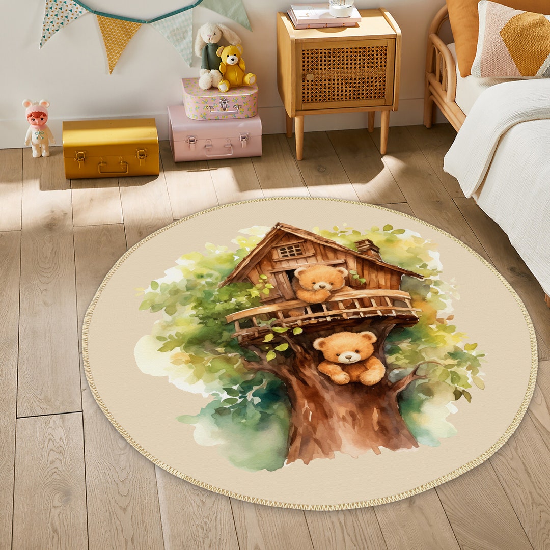 Teddy Bear Round Kids Carpet, Bear Play Mat, Tree Kids Rug, Bear Kids ...