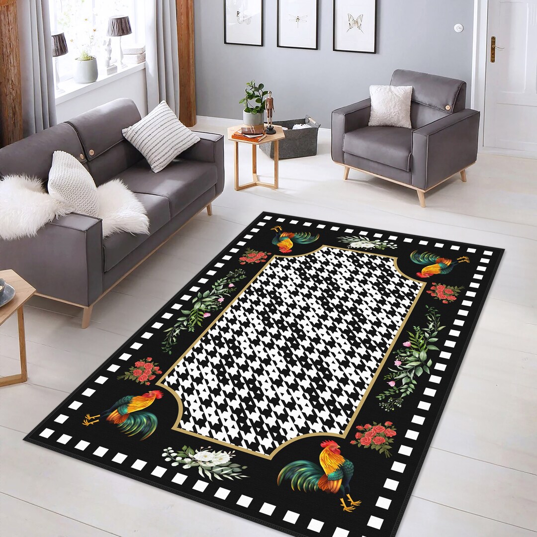 Checkered Area Rug, Black Checkered Rug, Rooster Non-slip Rug, Farm ...