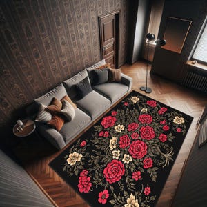 Black Rug, Floral Carpet, Rose Pattern Rug, Leafy Carpet, Tropical Rug ...