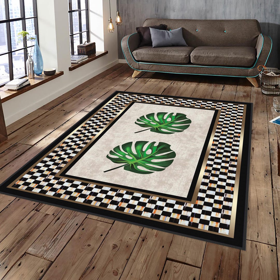 Checkered Rug, Black Border on Check Pattern Area Rug, Black and White ...