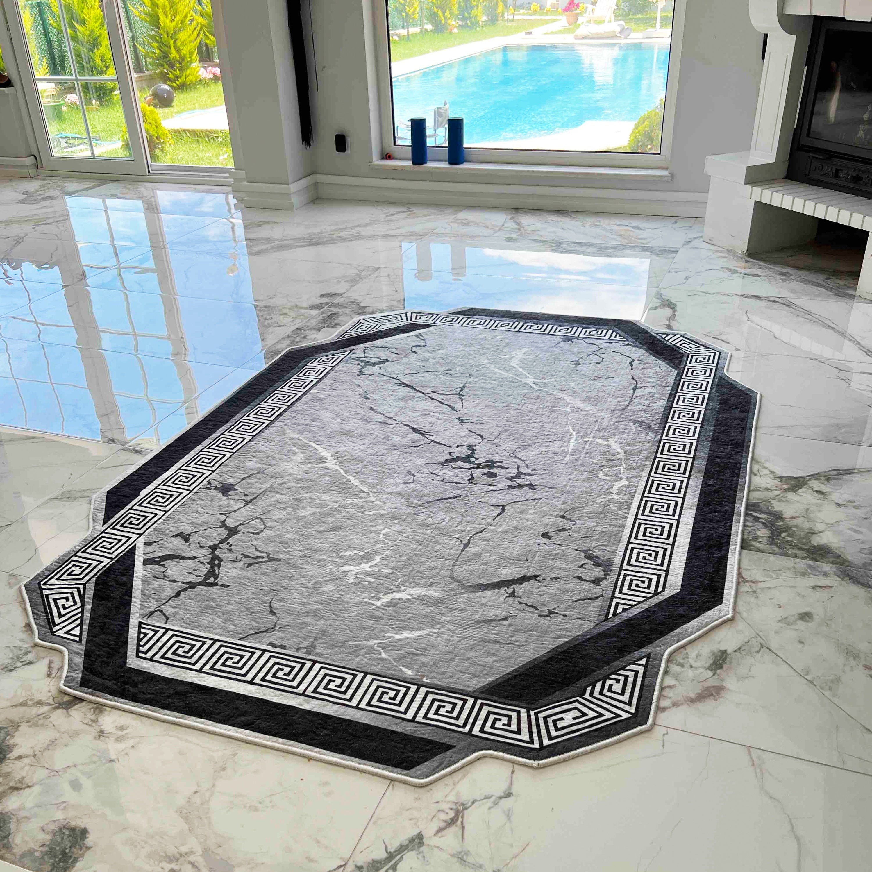 Silver Striped Black Rug, Silver Luxury Rug, Greek Key Border for ...