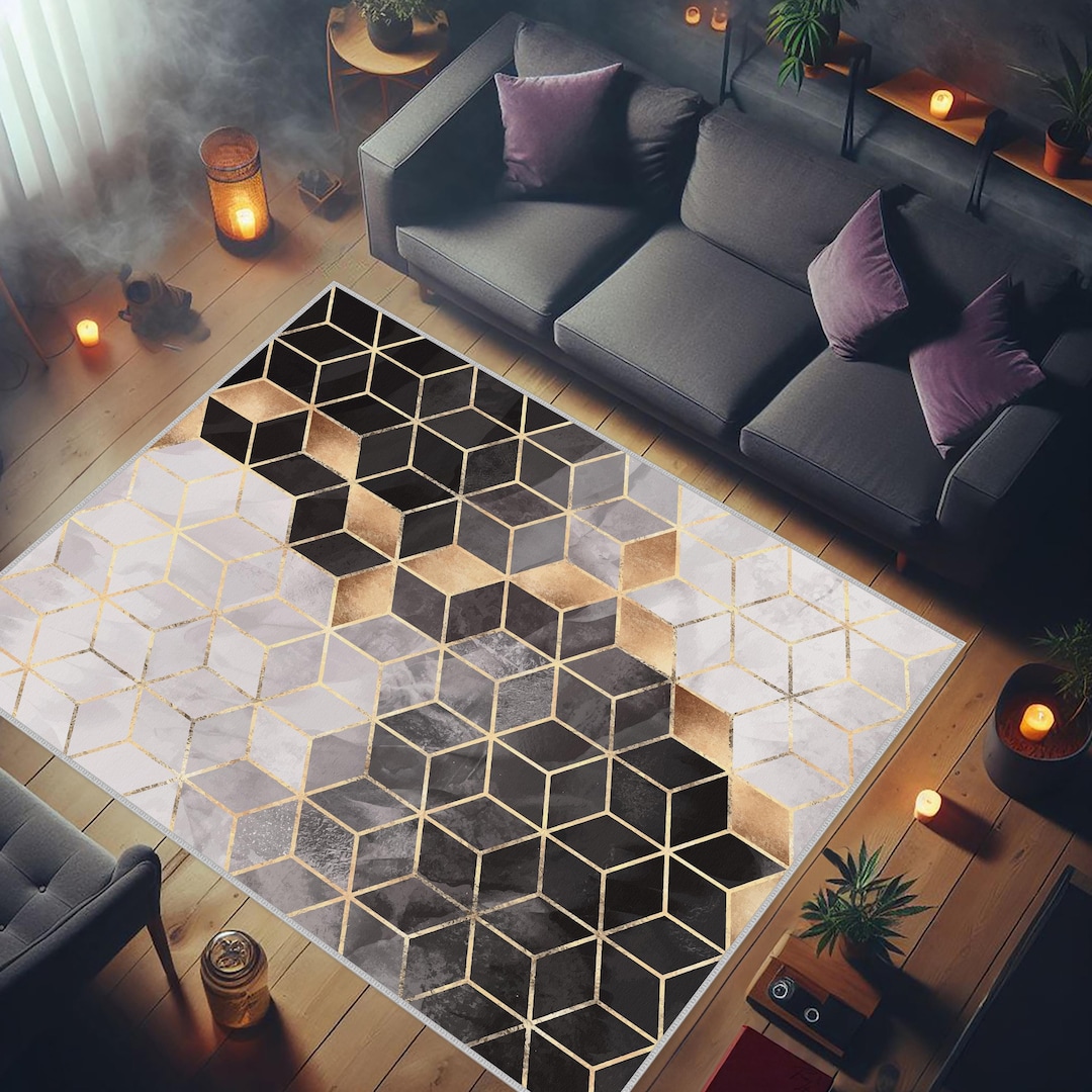 Gold Carpet, Modern Rug,gold Black Area Rug, Carpet,honeycomb Patterned ...