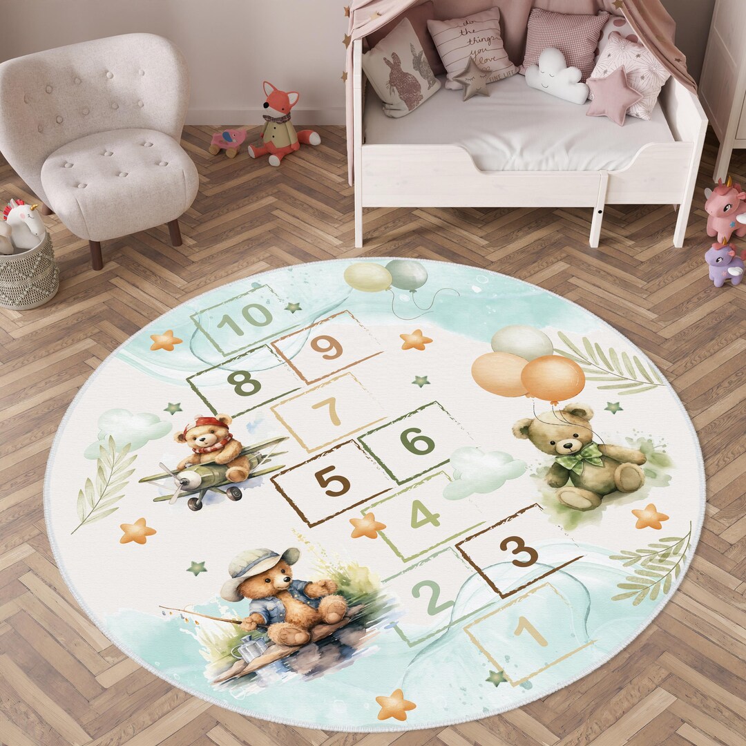 Teddy Bear Rug, Hopscotch Theme Kids Rug, Cute Bear Kids Room Carpet ...
