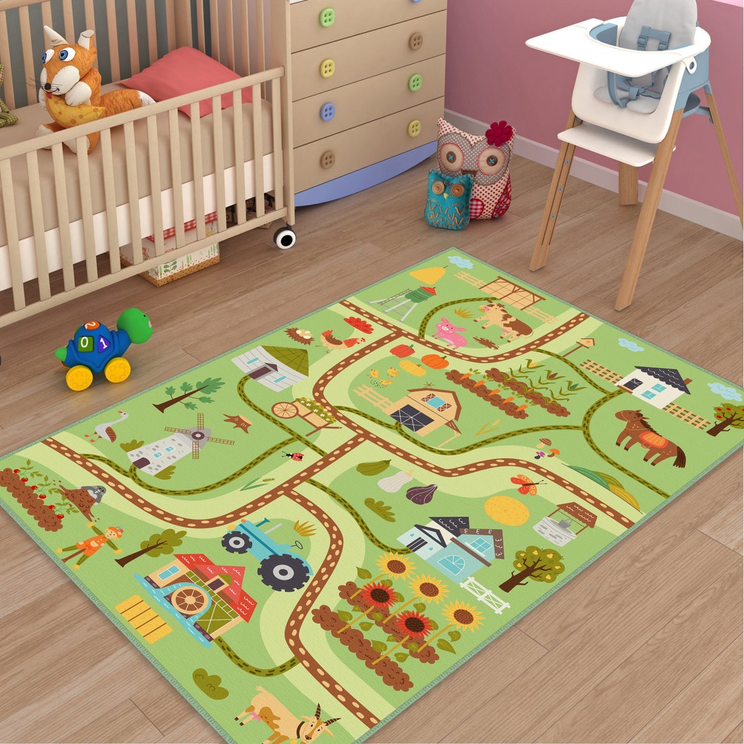 Farm Nursery Rug, Farm House Pattern Kids Rug, Farm Animals Kids Rug ...