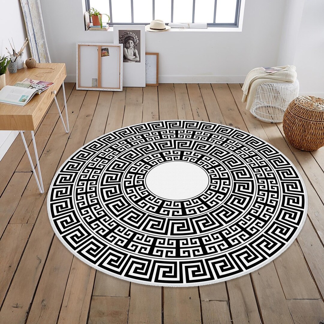 Black Greek Pattern Rug, Black Pattern Rug, Medusa Rug, Living Room Rug ...