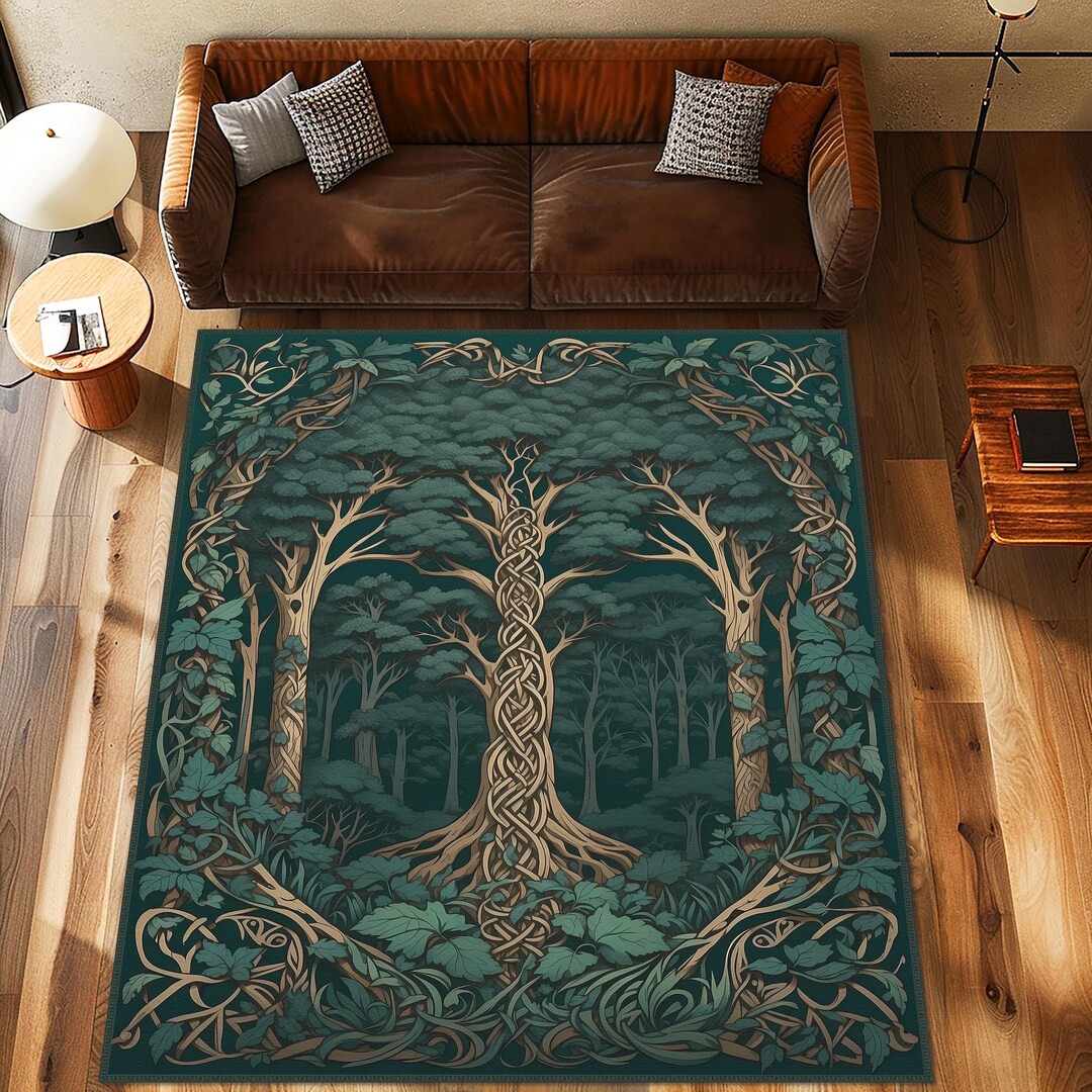 Green Forest Patterned Carpet, Green Tree Gothic Rug, Leaf Patterned ...