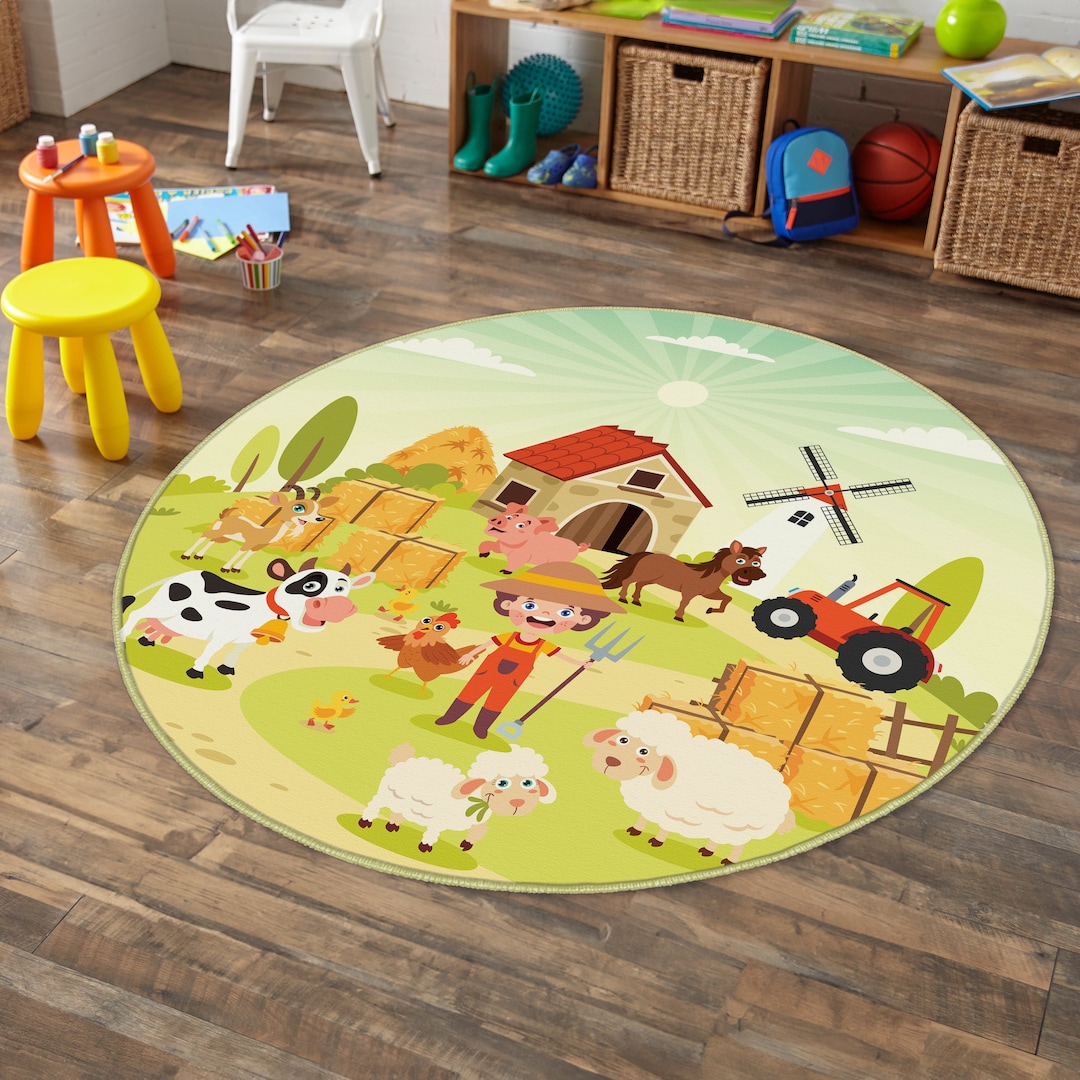 Farm Nursery Rug, Farm House Pattern Kids Area Rug, Happy Farm Animals ...