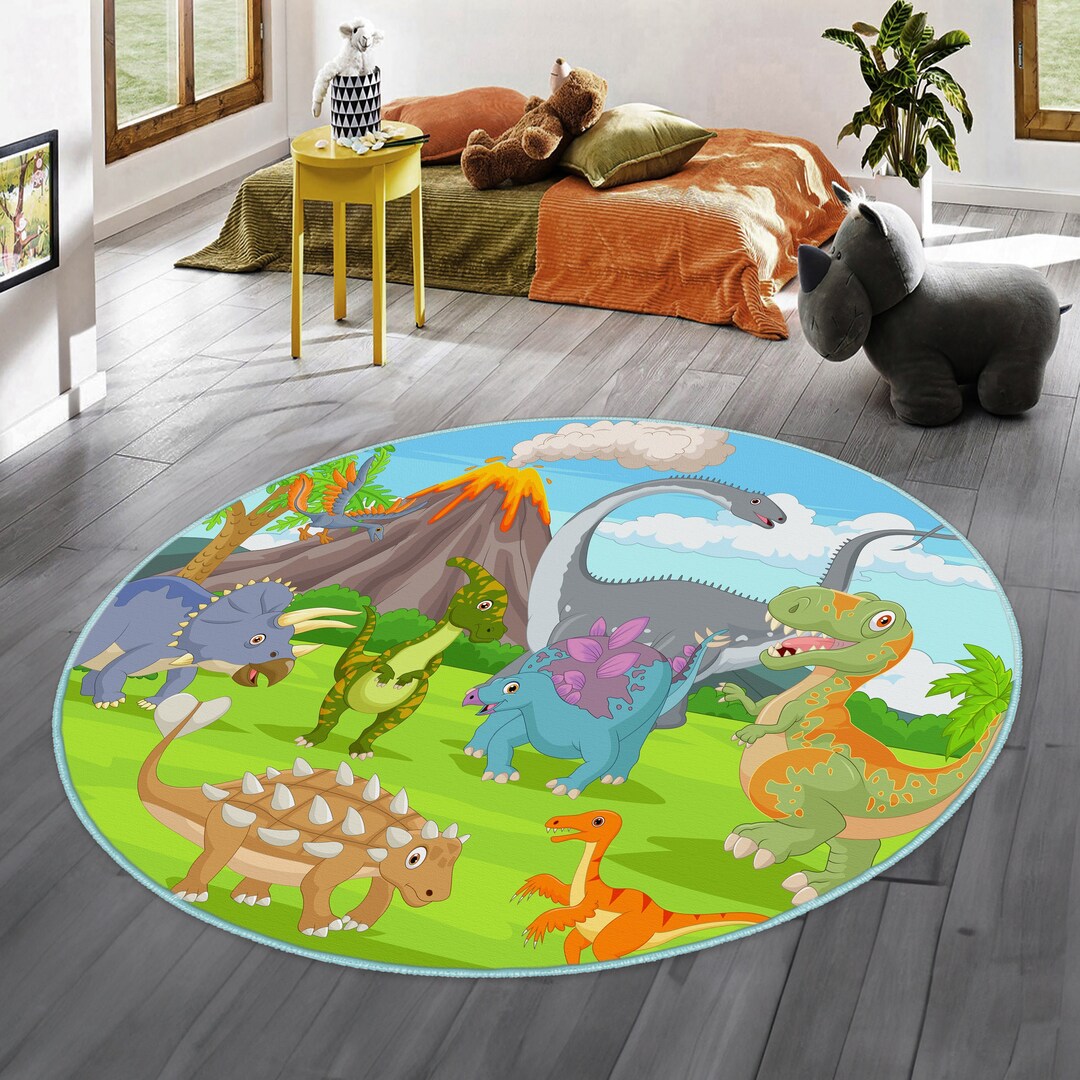 Dino Round Kids Rug, Dino World Map Play Mat, Nursery Rug, Dino Kids ...
