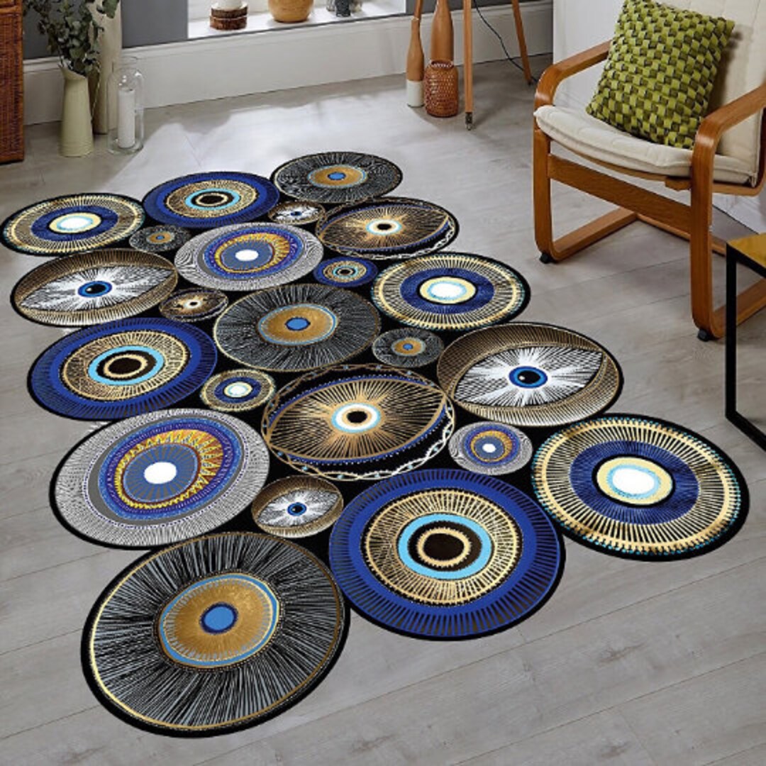 Eye Patterned Rug, Blue Evil Eye Rug, Hallway Entrance Carpet, Special ...