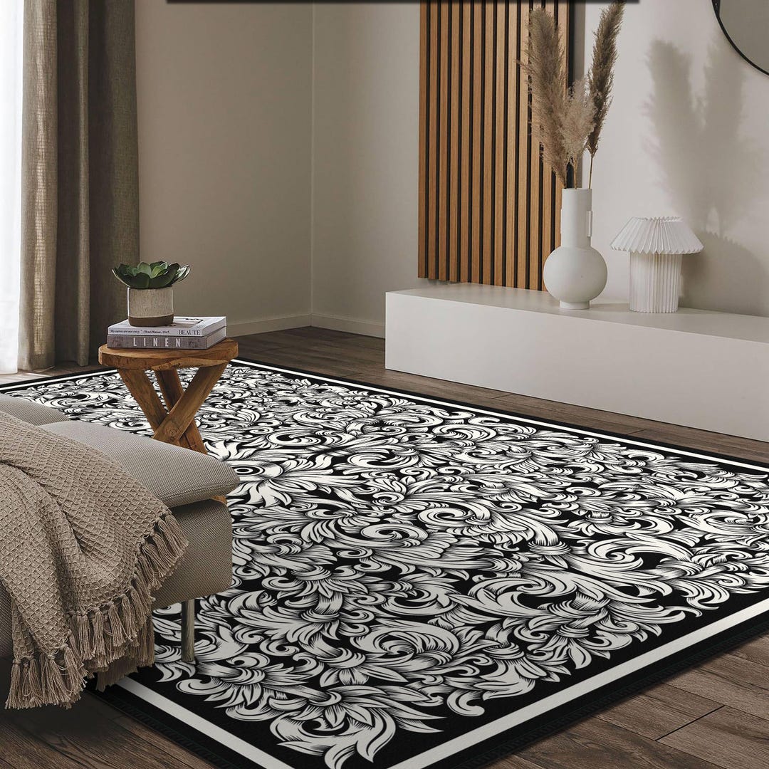 Black White Floral Carpet, Checkers Fringed Living Room Rug, Elegant ...
