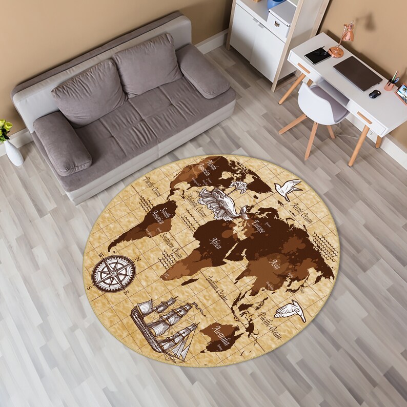 Vintage World Map Carpet, World Patterned Carpet, Antique Compass Round ...