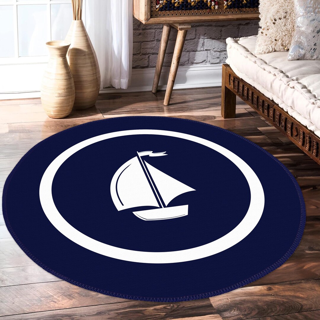 Boat Round Rug, Sailing Boat Themed Round Nonslip Area Rug, Blue White ...