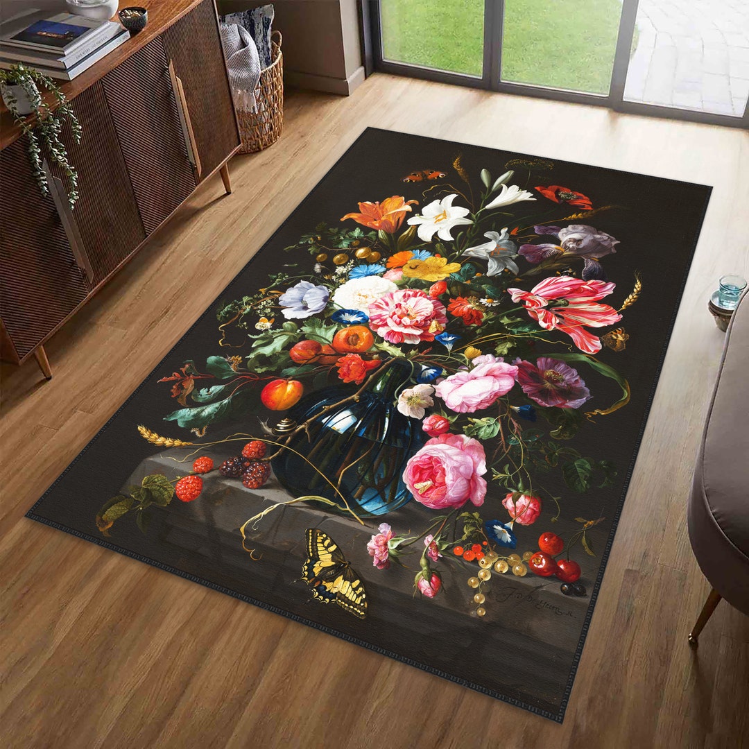 Black Rug, Floral Carpet, Rose Pattern Rug, Leafy Carpet, Living Room ...