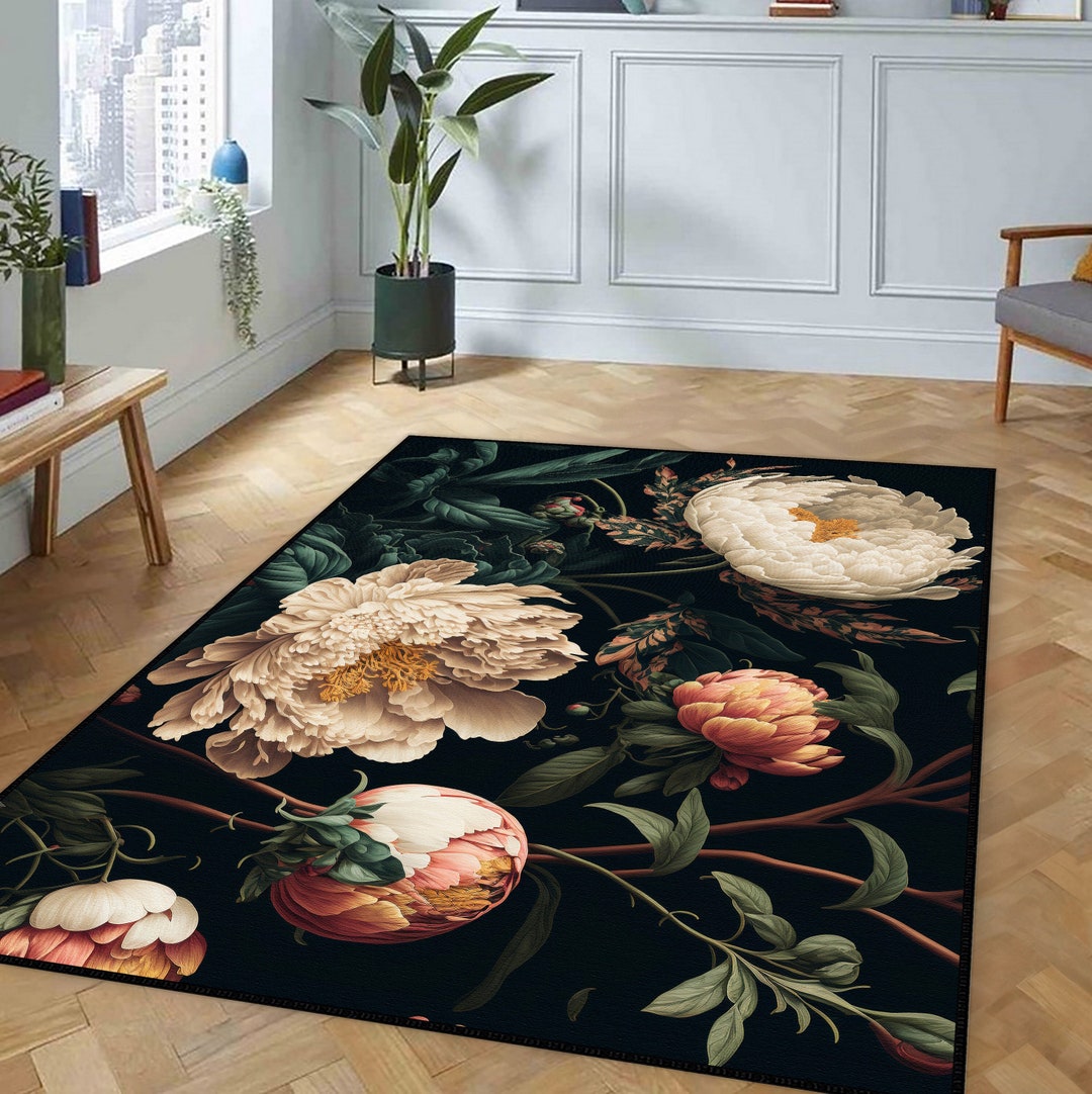 Black Rug, Floral Carpet, Rose Pattern Rug, Leafy Carpet, Living Room ...