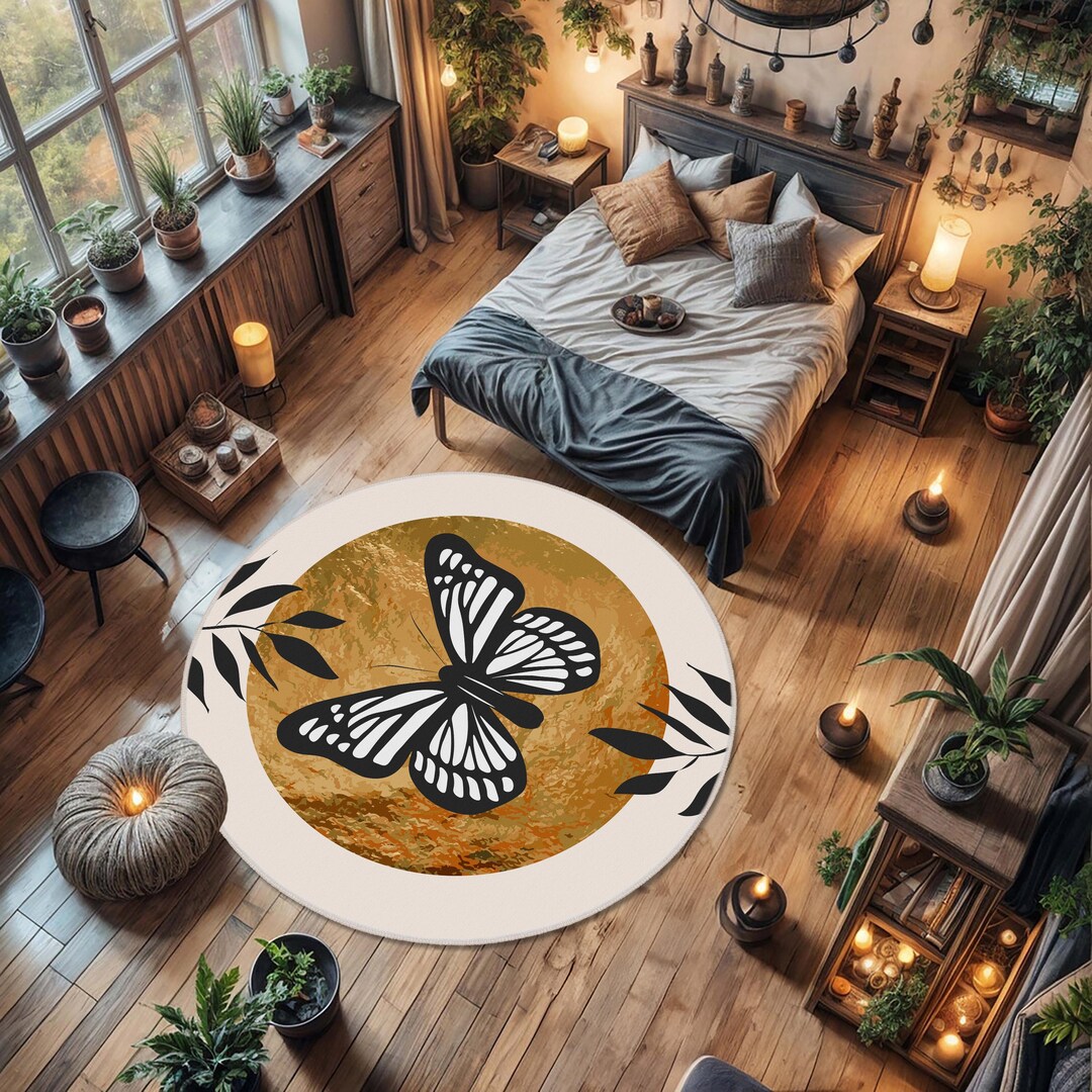 Butterfly Rug, Round Butterfly Area Rug, Circle Brown Rugs, Vintage ...