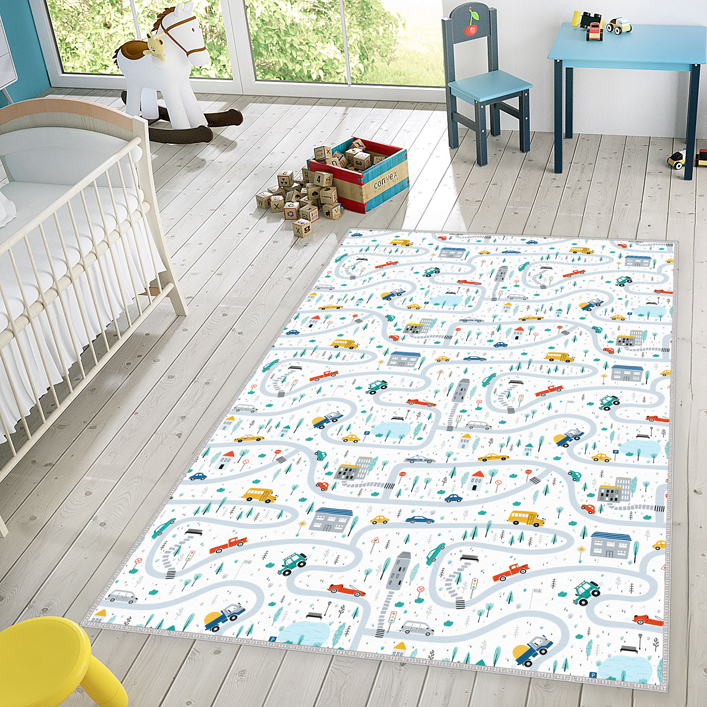 Car Kids Room Carpet, Road Pattern Playroom Mat, Bus Activity Rug ...
