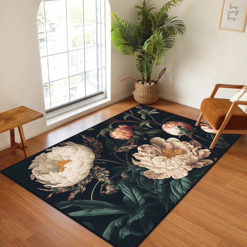 Black Rug, Floral Carpet, Rose Pattern Rug, Leafy Carpet, Living Room ...