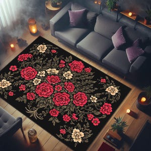 Black Rug, Floral Carpet, Rose Pattern Rug, Leafy Carpet, Tropical Rug ...