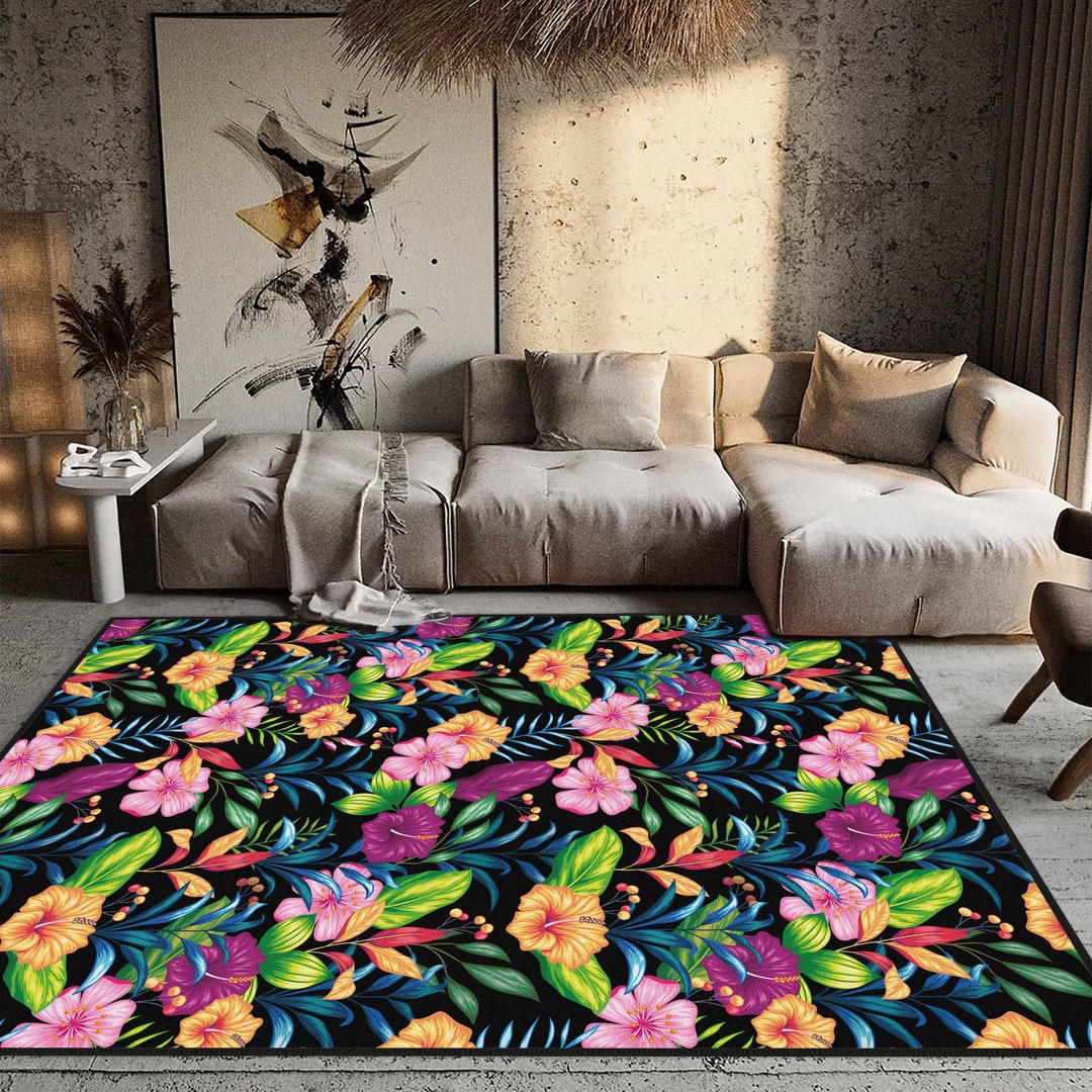 Pink Floral Rug, Colorful Floral Patterned Carpet, Botanical Rug ...