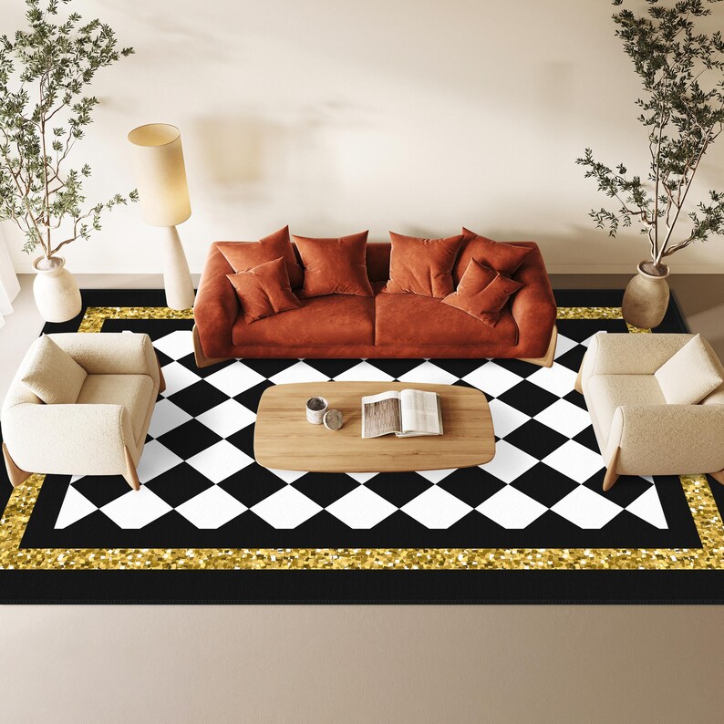 Checkered Desing Rug, Black Border Check Pattern Non Slip Area Rug ...