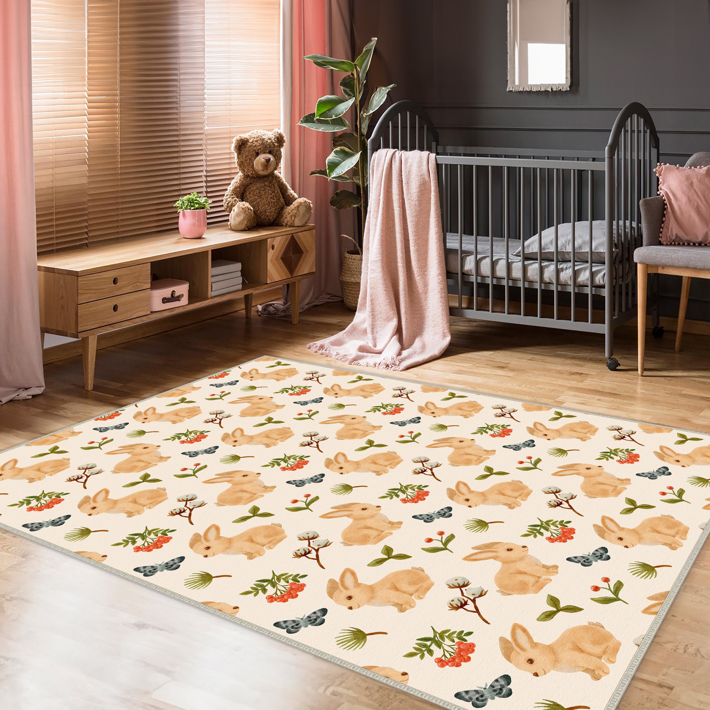 Cute Rabbit Kids Rug, Rabbit Design Carpet, Bunny Easter Rug, Baby ...