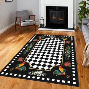 Checkered Area Rug, Black Hen Way Rug, Rooster Non-slip Rug, Rustic ...