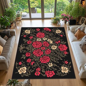 Black Rug, Floral Carpet, Rose Pattern Rug, Leafy Carpet, Tropical Rug ...