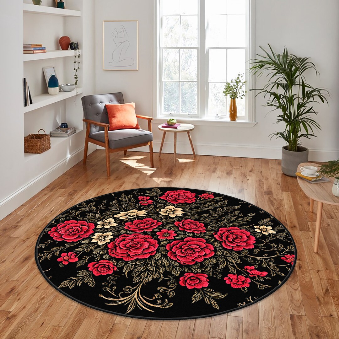Red Rose Patterned Rug, Black Rug, Floral Carpet, Rose Pattern Rug ...
