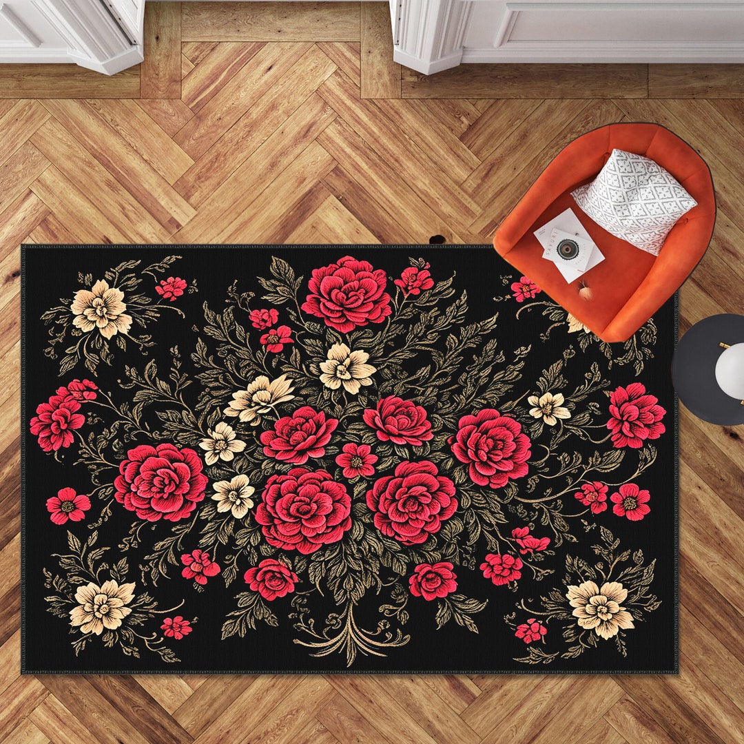Black Rug, Floral Carpet, Rose Pattern Rug, Leafy Carpet, Tropical Rug ...