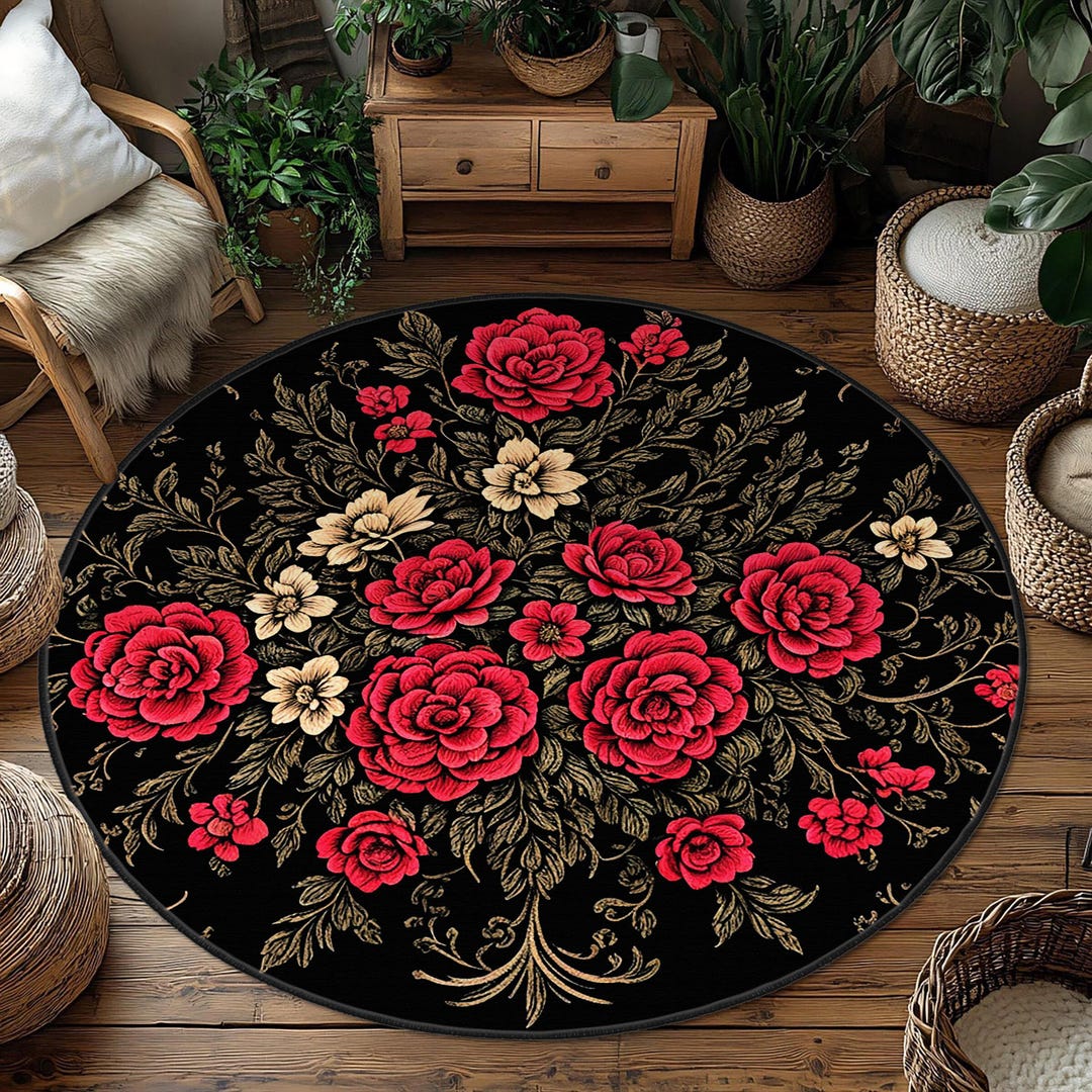 Red Floral Patterned Rug, Black Rug, Floral Carpet, Rose Pattern Rug ...