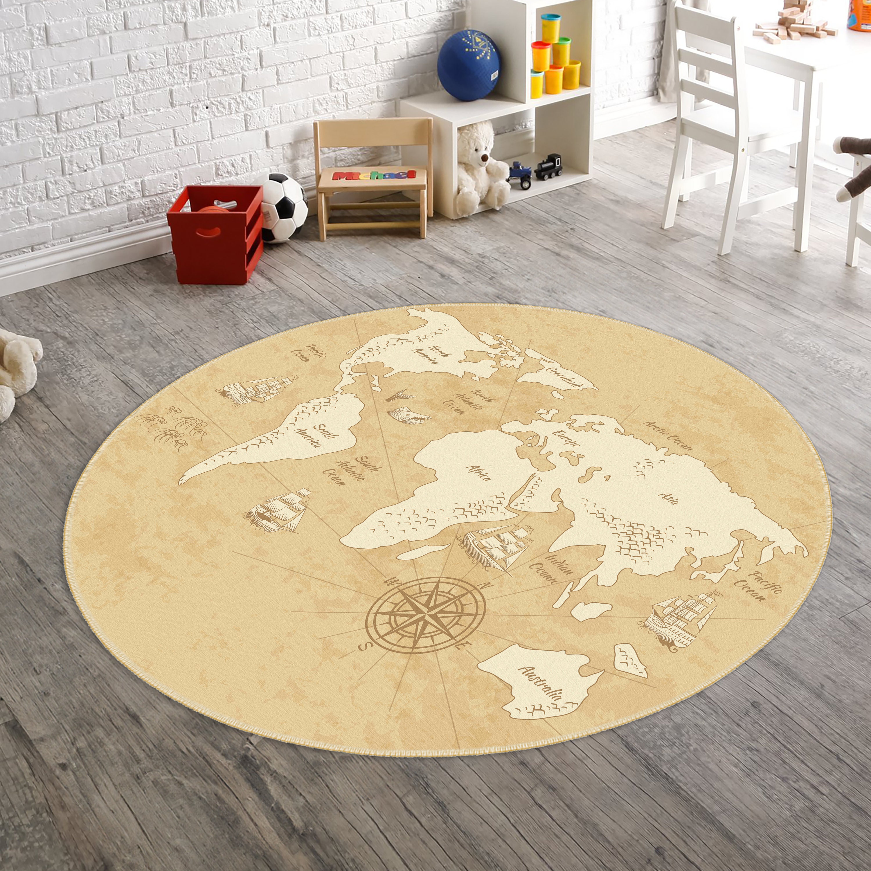 World Map Carpet, World Patterned Kids Rug, Antique Color Rug, Kids Rug ...