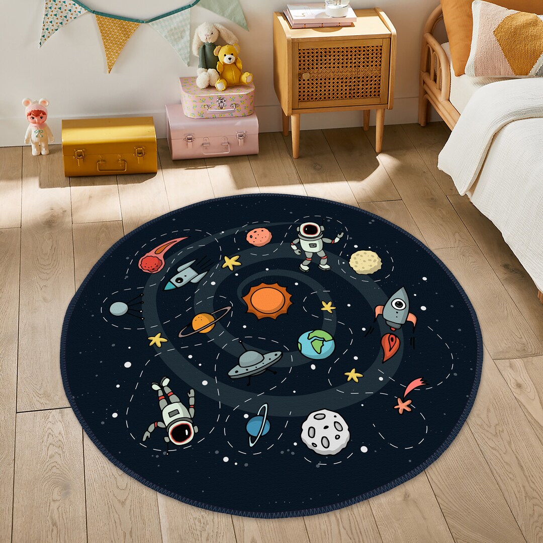 Adventurer Astronaut Kids Carpet, Navy Blue Baby Room Carpet, Blue Kids ...