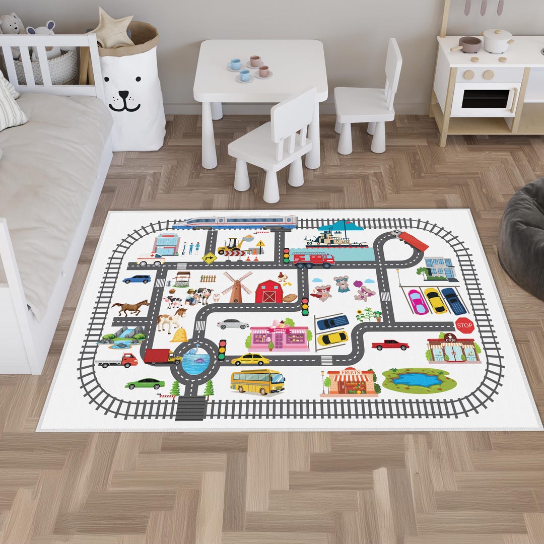 Road Pattern Kids Carpet, Race Track Kids Rug, Baby Rug, Kids Playroom ...