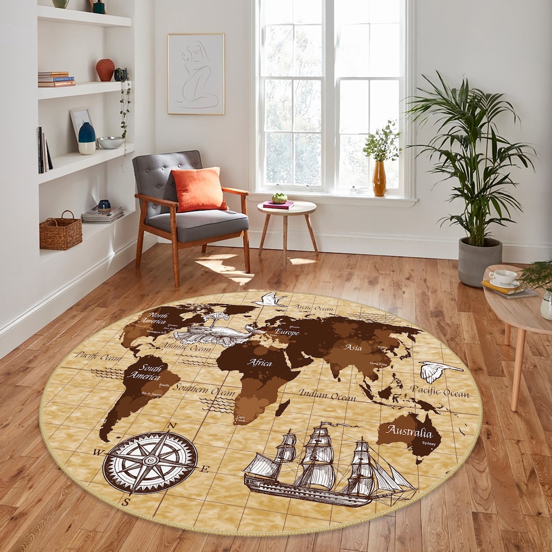 World Map Carpet, World Patterned Rug, Brown Rug, Antique Color Rug ...