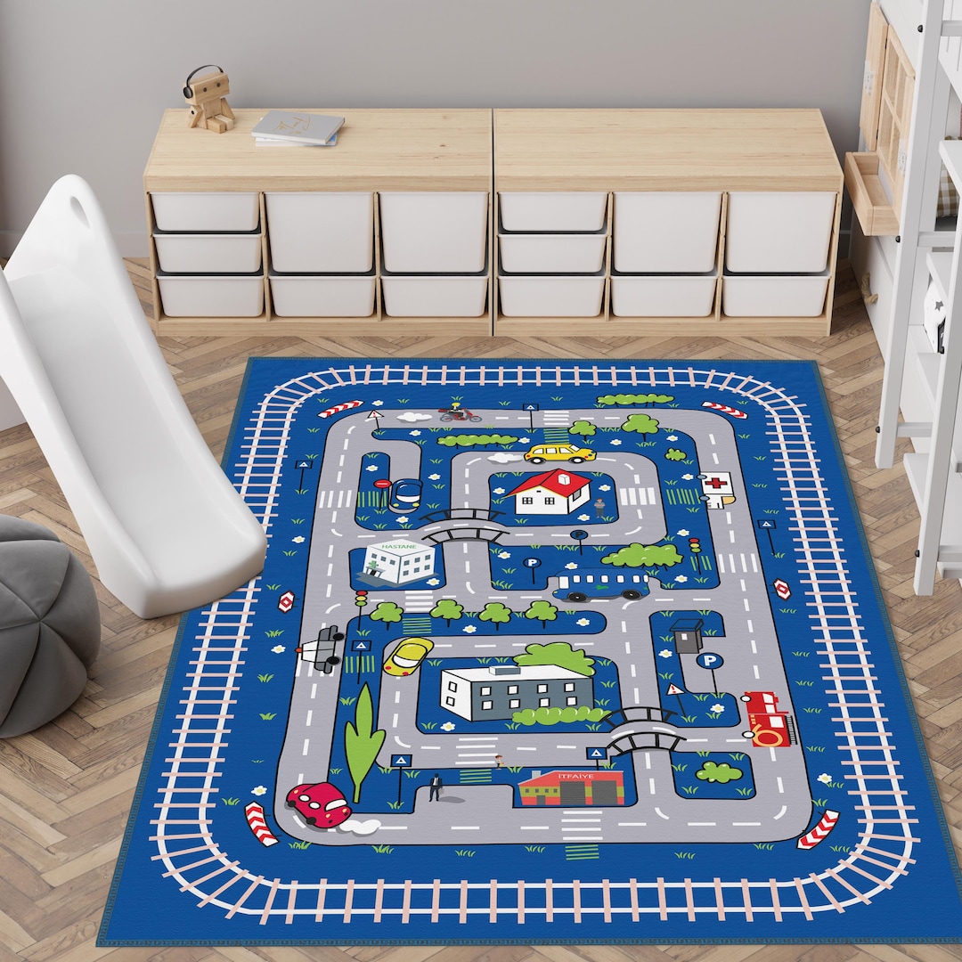 Blue Kids Rug, Train Rail Play Mat, Kids Room Rug With Trolley, Kids ...