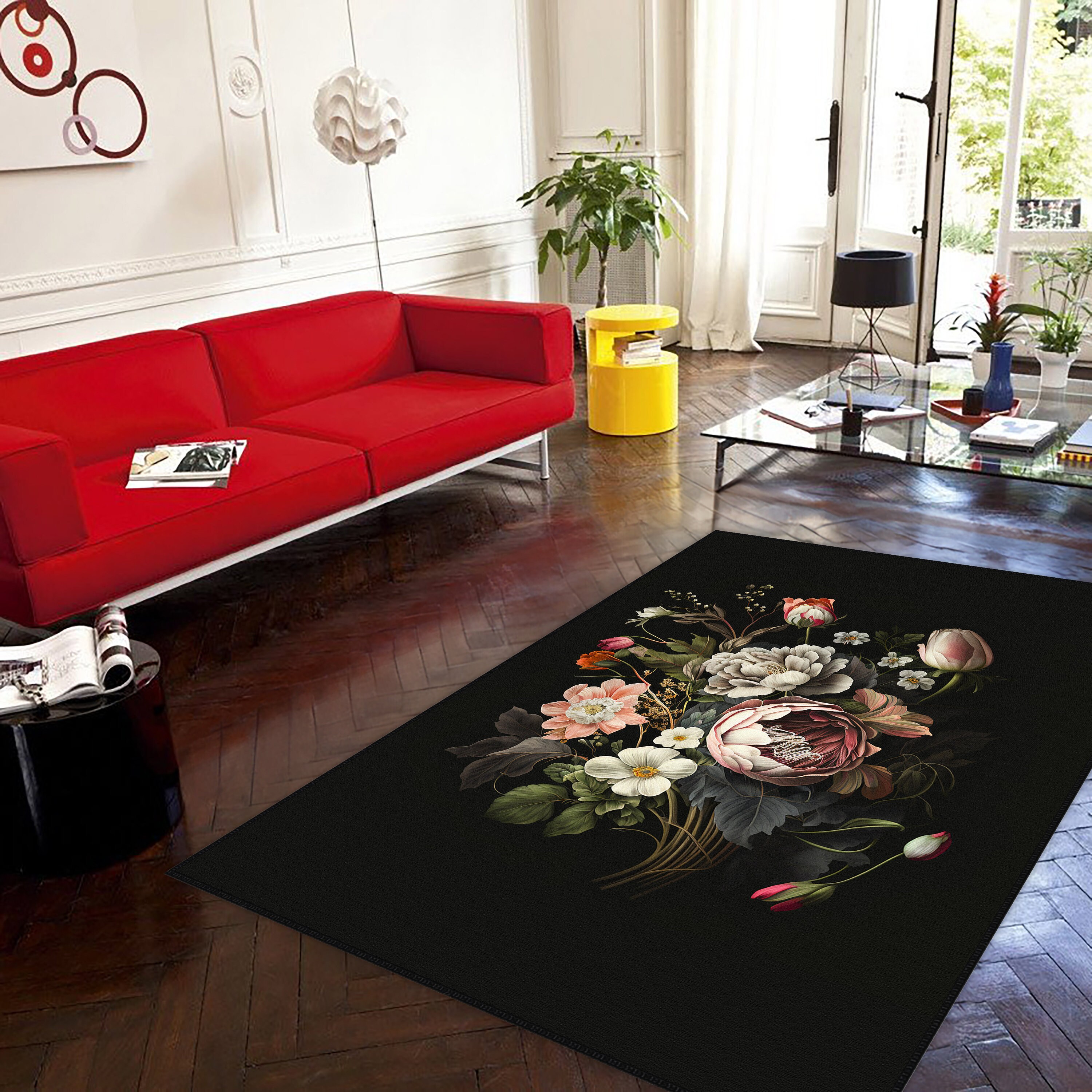 Black Rug, Floral Carpet, Rose Pattern Rug, Leafy Rug, Living Room ...