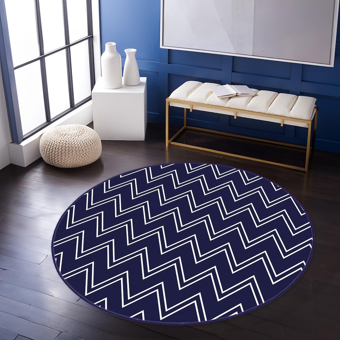 Navy Blue Carpet, White Striped Round Rug, Blue Lines Circle Carpet,non ...