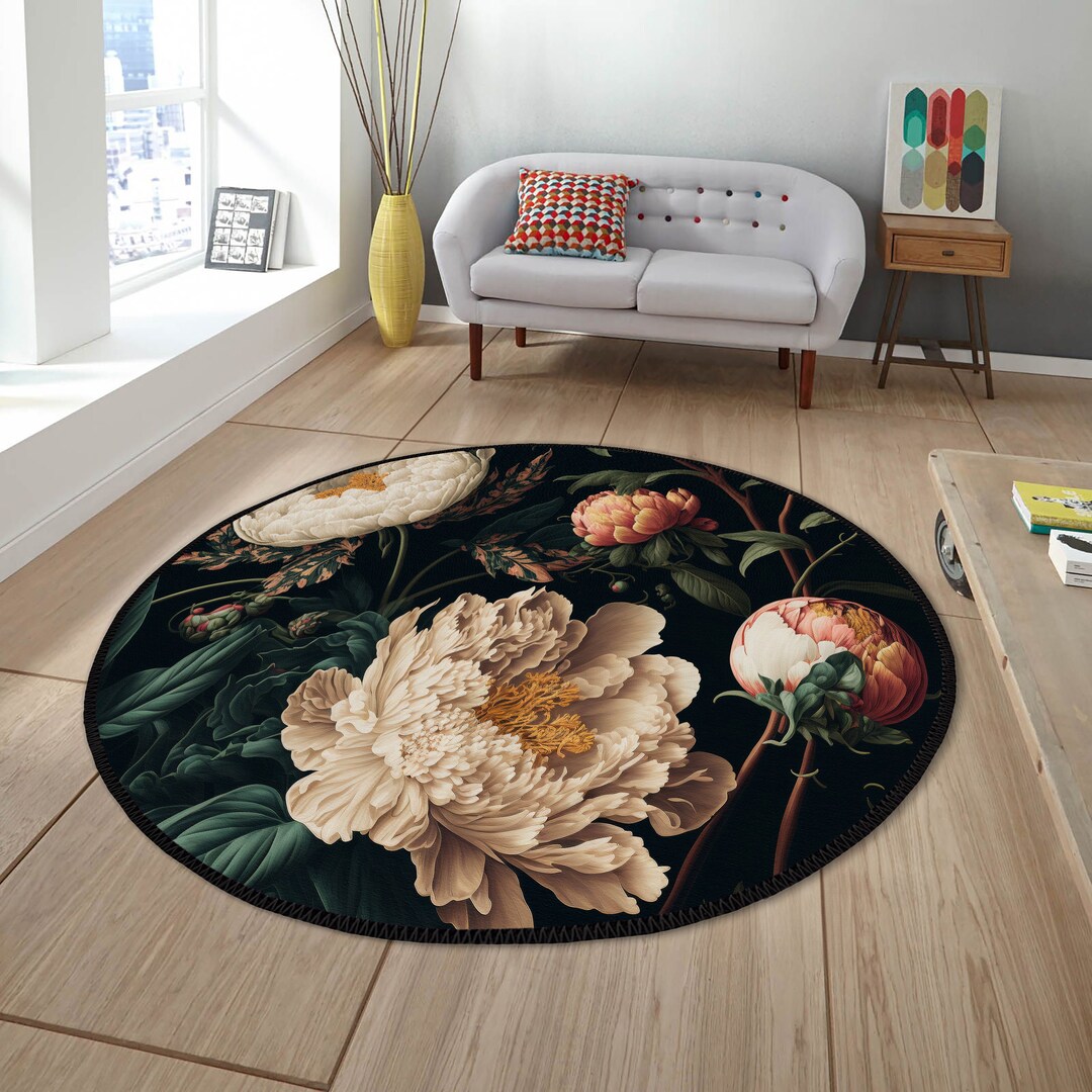 Black Rug, Floral Carpet, Rose Pattern Rug, Leafy Rug, Living Room ...