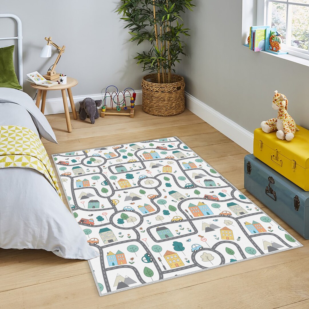 Blue Kids Rug, Train Rail Play Mat, Kids Room Rug With Trolley, Kids ...