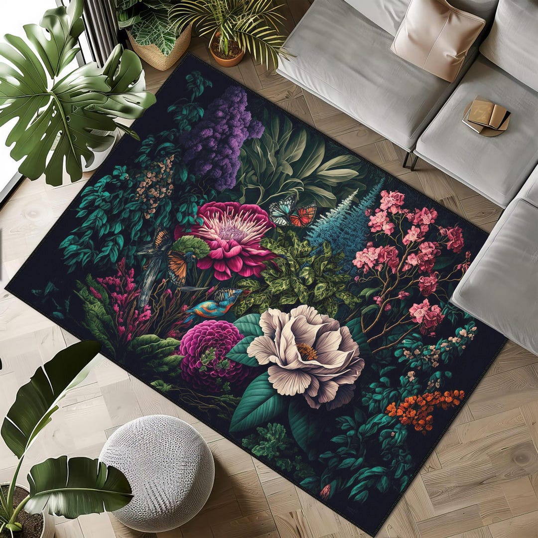 Black Rug, Floral Carpet, Rose Pattern Rug, Purple Floral Carpet ...