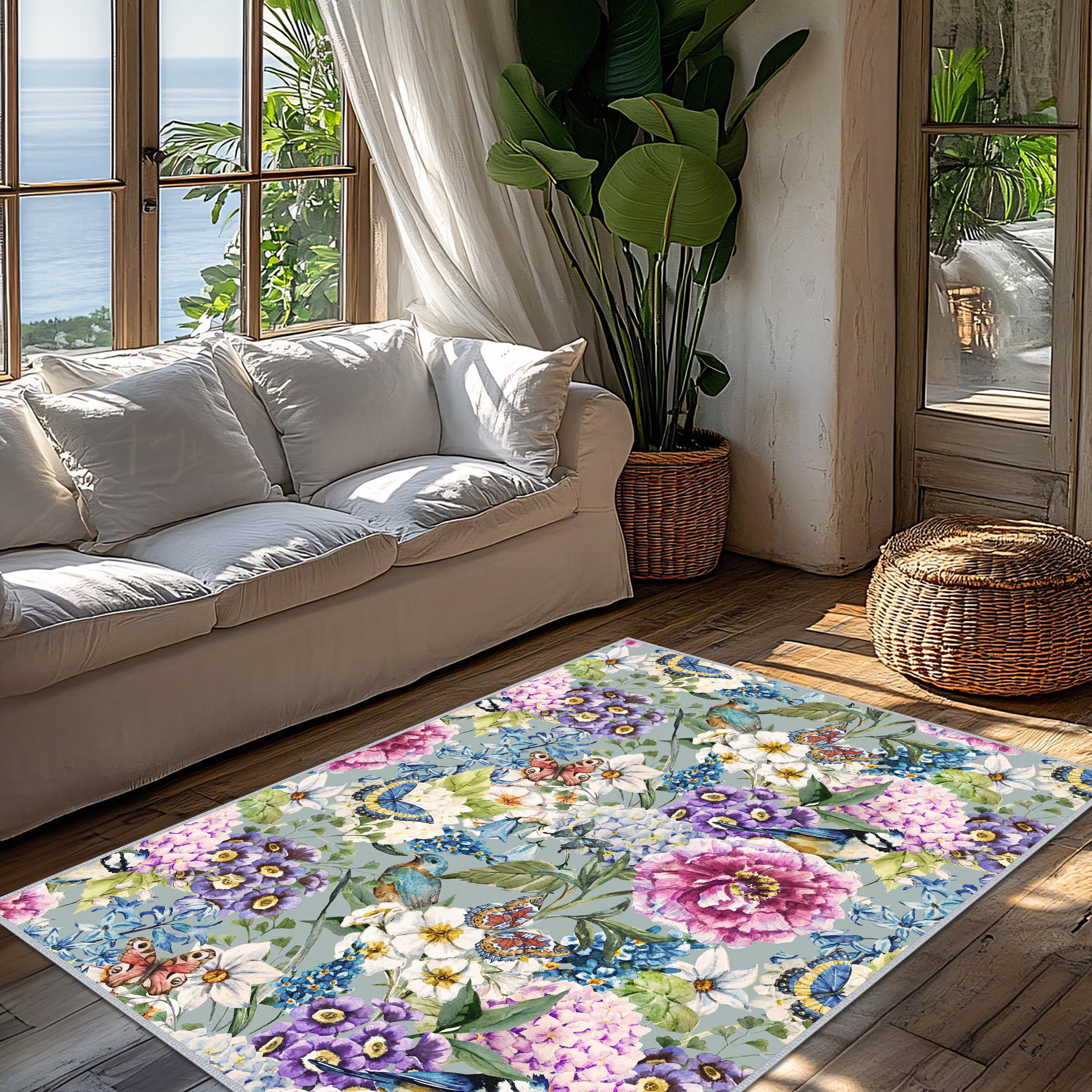 Colorful Floral Area Rug, Flower Living Room Rug, Tropical Carpet ...