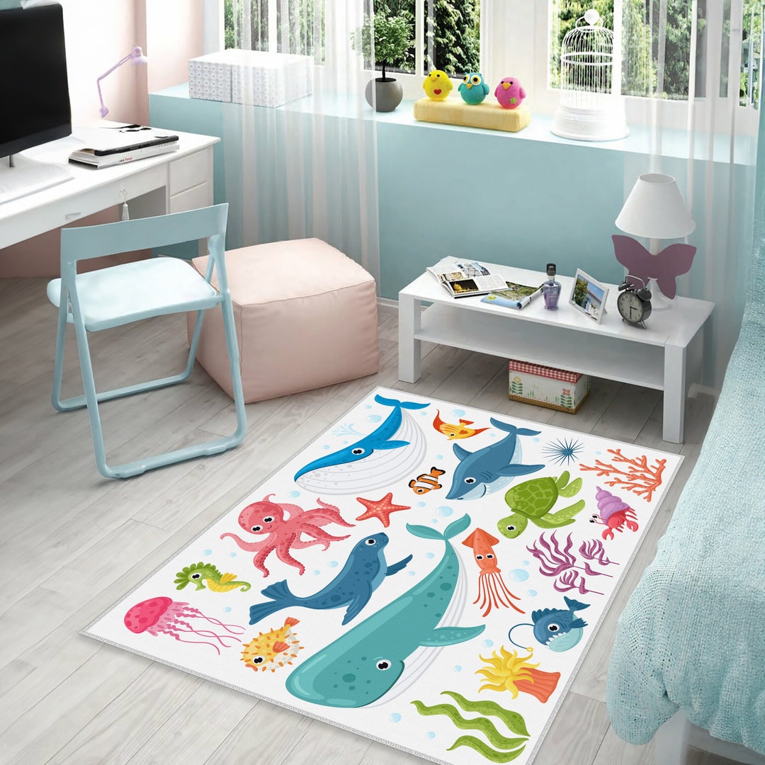 Dolphin Rug, Aquarium Rug, Fish Rug, Blue Rug, Underwater Animals Rug ...