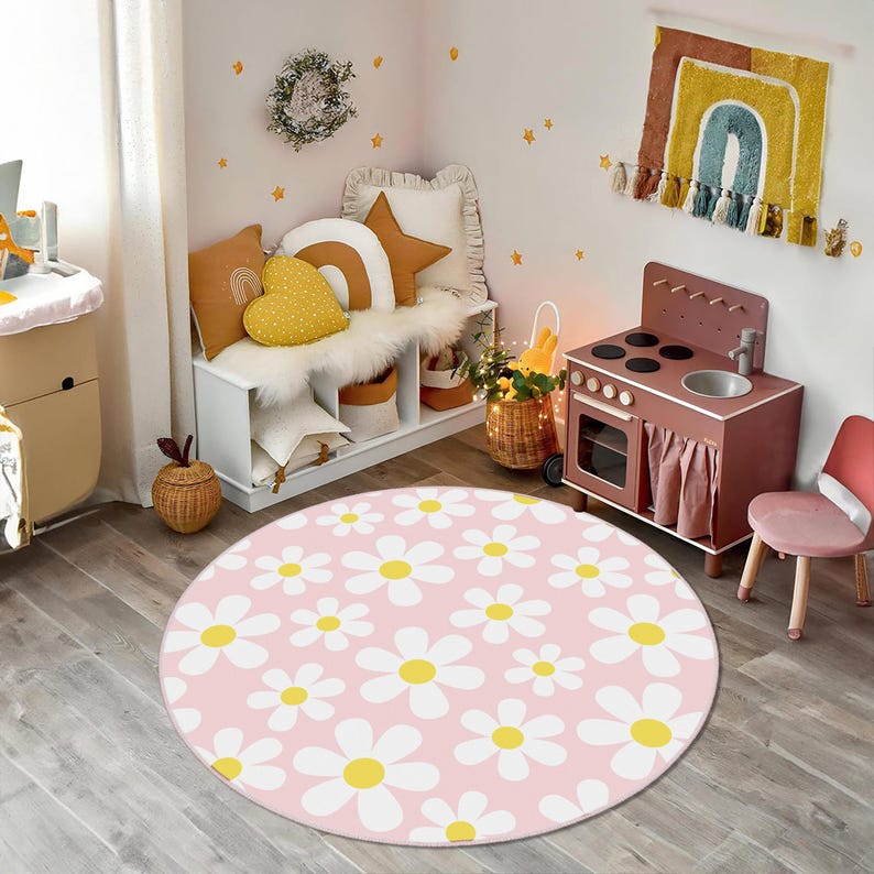 Daisy Kids Rug, Pink Daisy Play Mat, Daisy Flower Rug, Nursery Rug ...