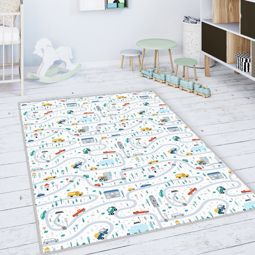 Car Kids Room Carpet, Road Pattern Playroom Mat, Bus Activity Rug ...