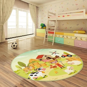Farm Nursery Rug, Farm House Pattern Kids Area Rug, Happy Farm Animals ...