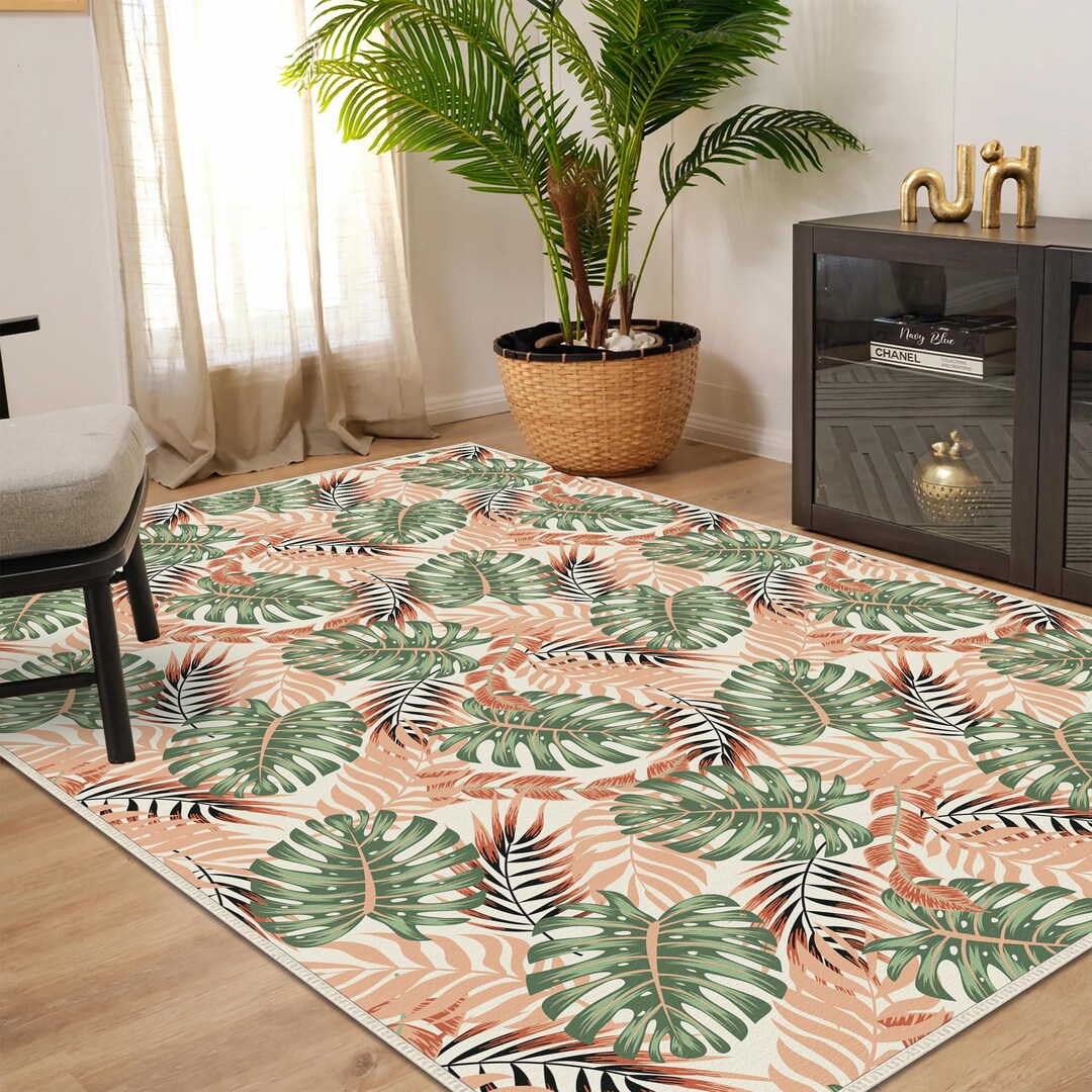 Exotic Leaf Desing Rug, Botanical Leaves Runner, Tropical Leaf Pattern ...