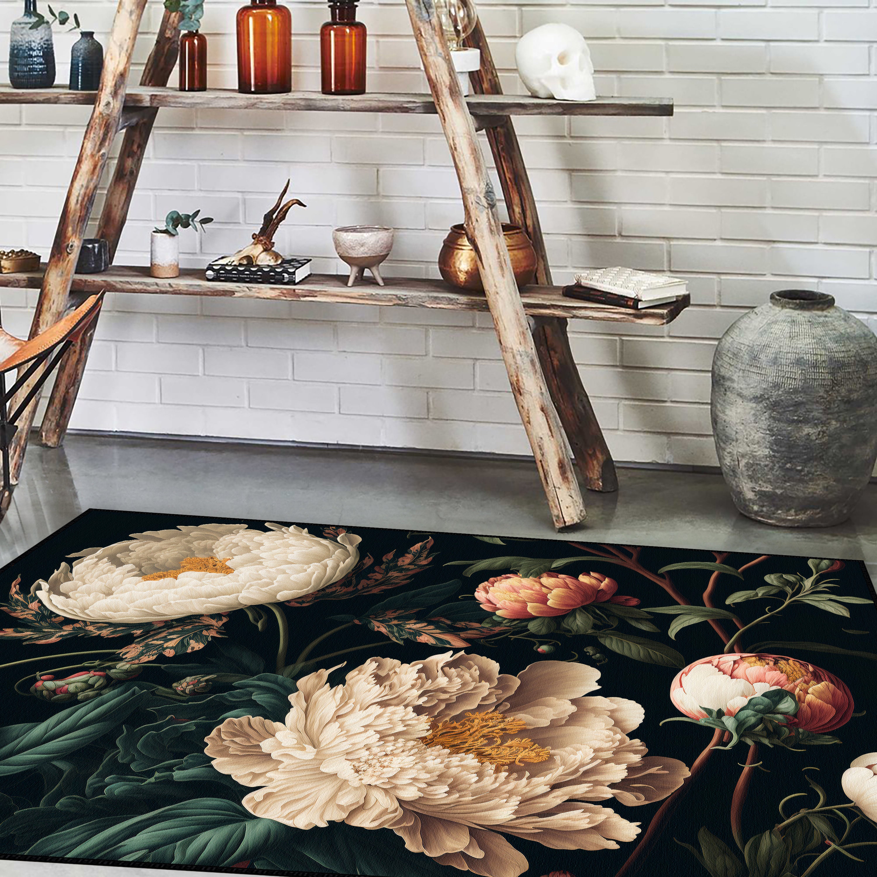 Black Rug, Floral Carpet, Rose Pattern Rug, Leafy Carpet, Living Room ...