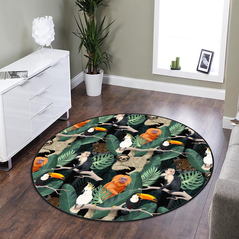 Jungle Theme Rug, Tropical Leaves Carpet, Tropical Round Rug, Nursery ...